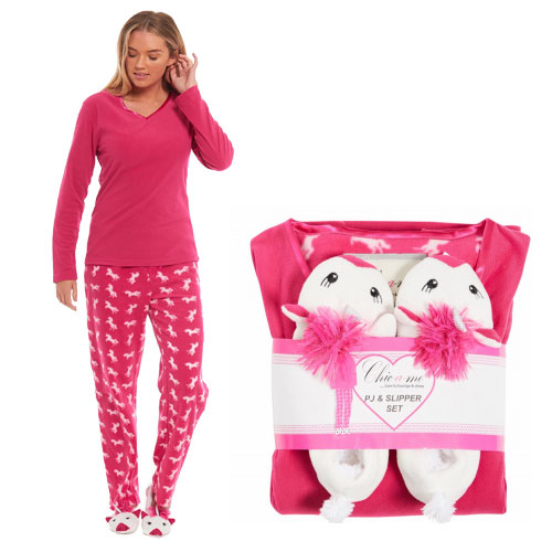 Ladies Unicorn Fleece Pyjama & Slippers Set Hot Pink | Wholesale Ladies ...