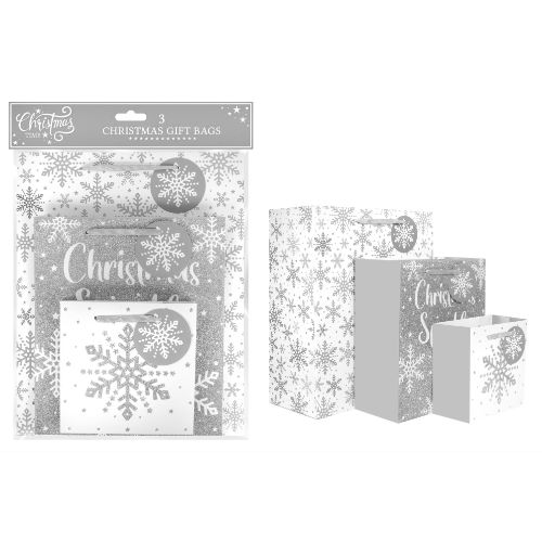 Christmas 3 Pack Silver Glitter Snowflake Gift Bags | Wholesale ...