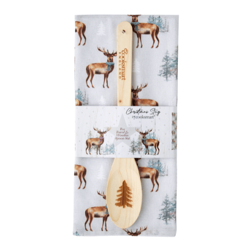 Cooksmart Christmas 'Stag' 100% Cotton Tea Towel & Wooden Spoon Set ...